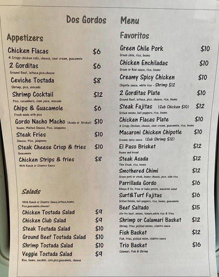 Menu at Dos Gordos Grill restaurant, Phoenix