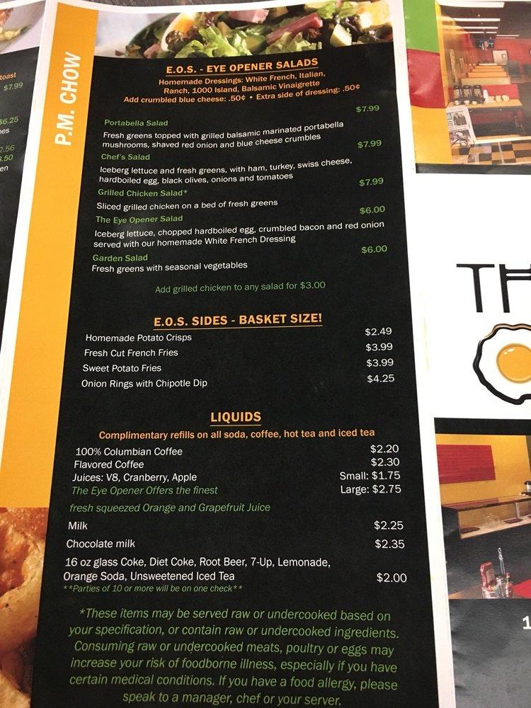 Menu at Eye Opener restaurant, Akron