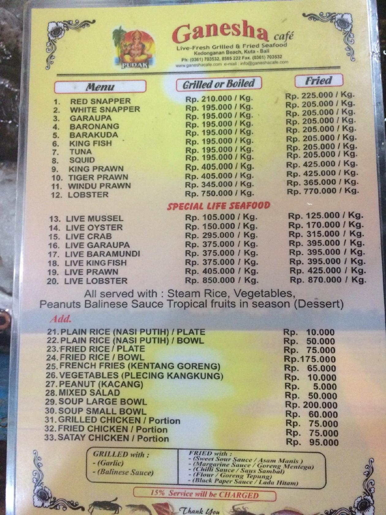 Menu at Ganesha cafe, Jimbaran, bay