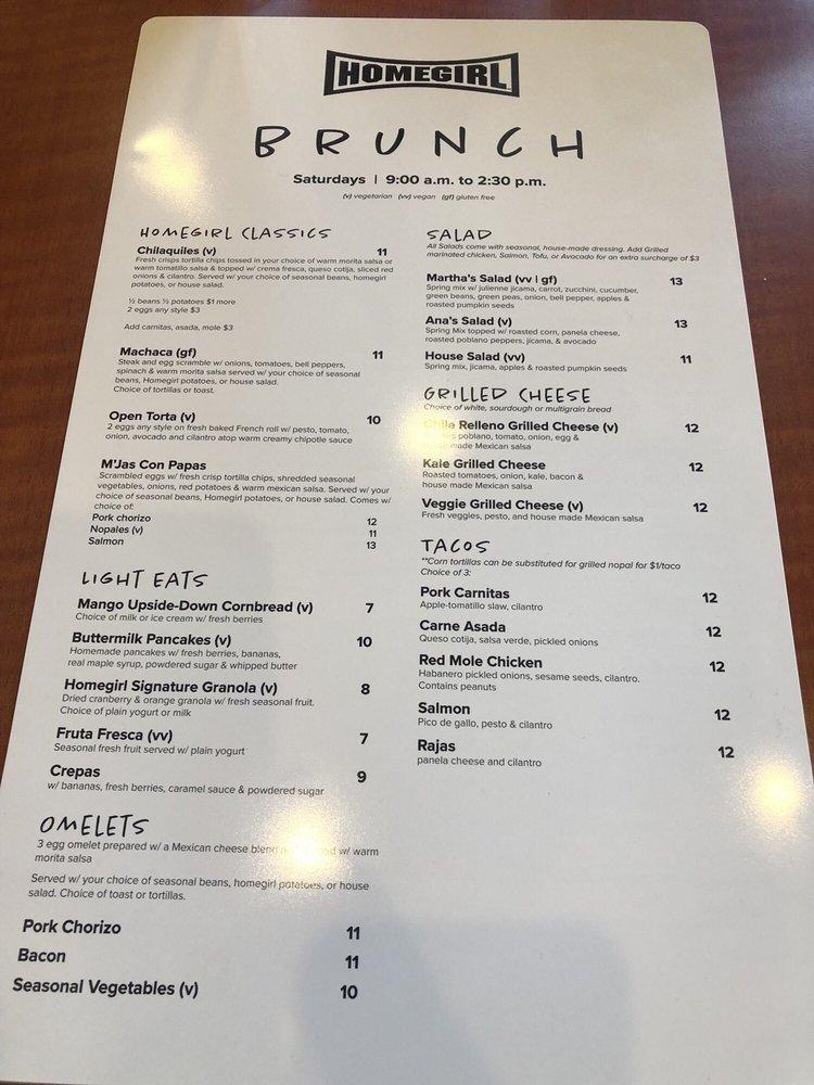 Menu at Homegirl Café cafe, Los Angeles, 130 Bruno St