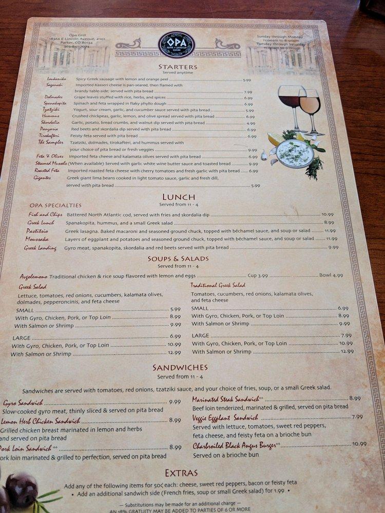 Menu at Opa Grill restaurant, Parker