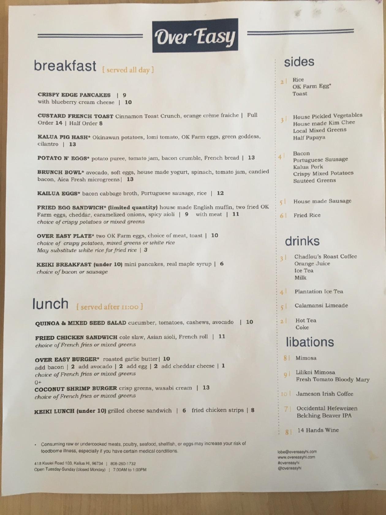 Menu at Over Easy restaurant, Kailua, 418 Kuulei Rd #103