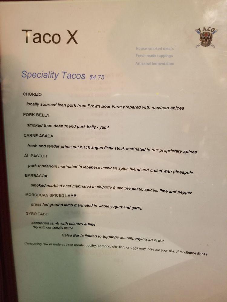 Menu at Taco X restaurant, Killington
