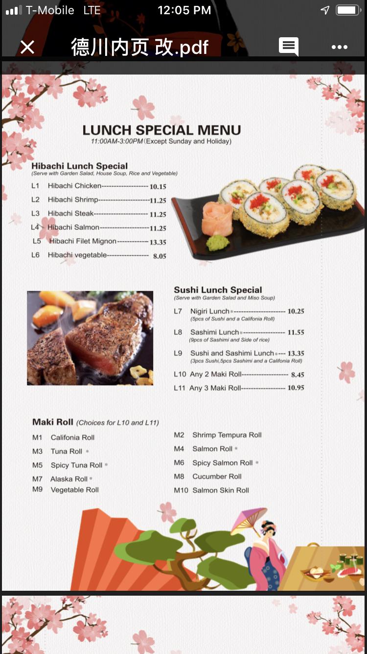 Menu at Tokugawa Japan Steakhouse Sushi & Bar, Milford