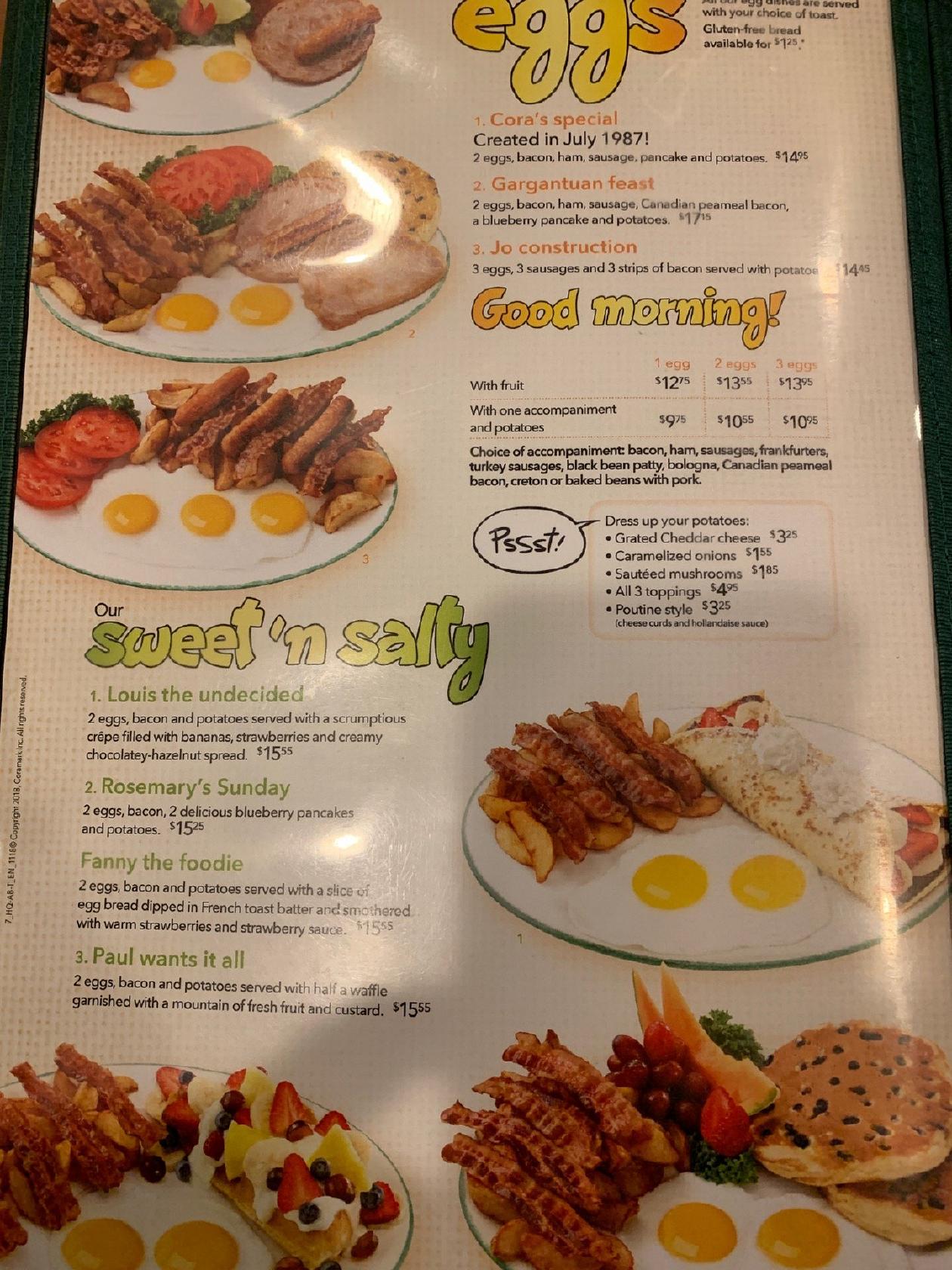 Menu at Cora restaurant, Fort McMurray