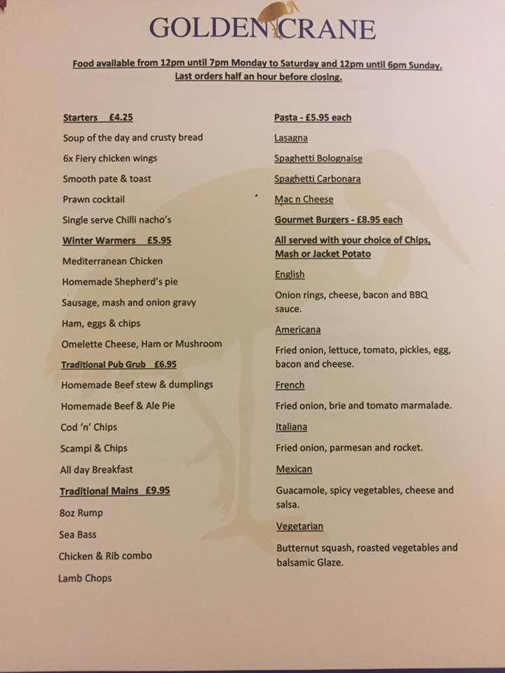 Menu at Golden Crane pub & bar, Upminster