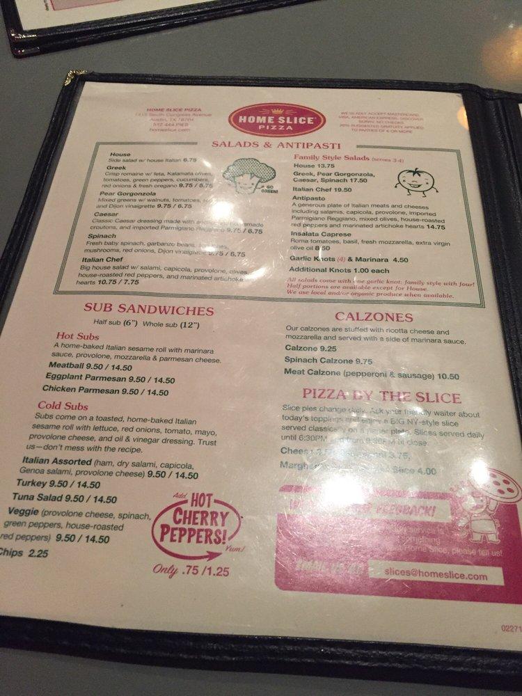 Menu at Home Slice Pizza pizzeria, Austin, S Congress Ave
