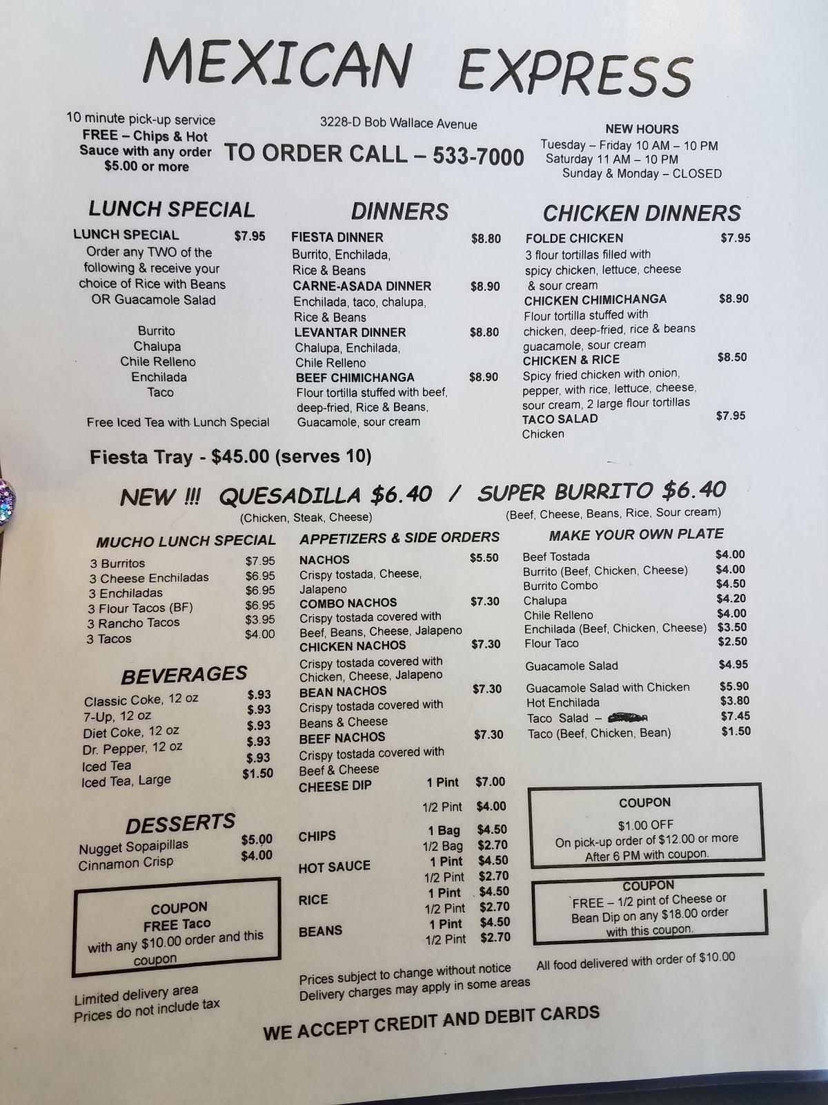 Menu at Mexican Express fast food, Huntsville, Bob Wallace Ave SW