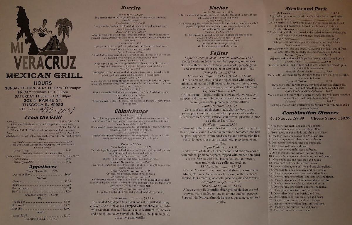 Menu at Mi Veracruz Mexican Grill restaurant, Tuscola