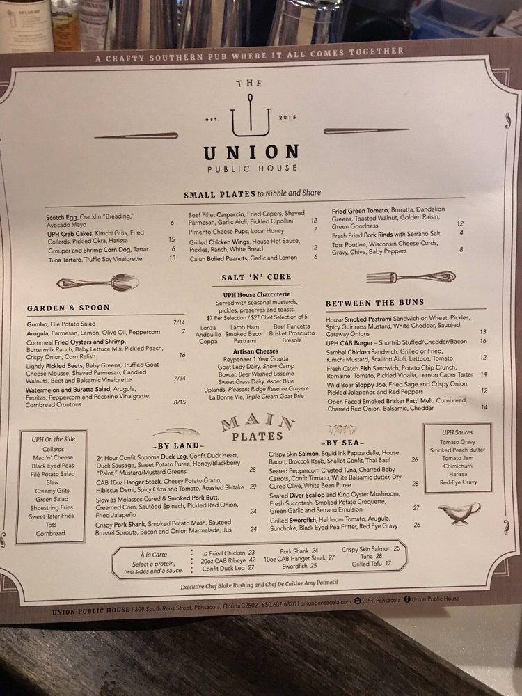 Menu at Union Public House, Pensacola, 36 E Garden St