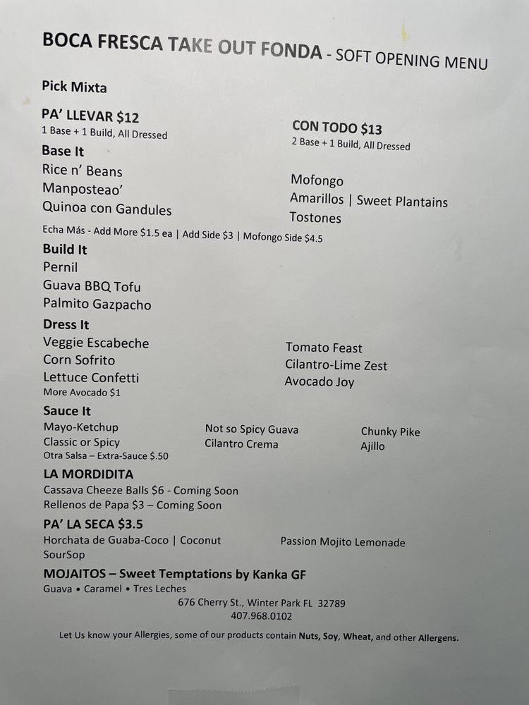 Menu at Boca Fresca restaurant, Winter Park