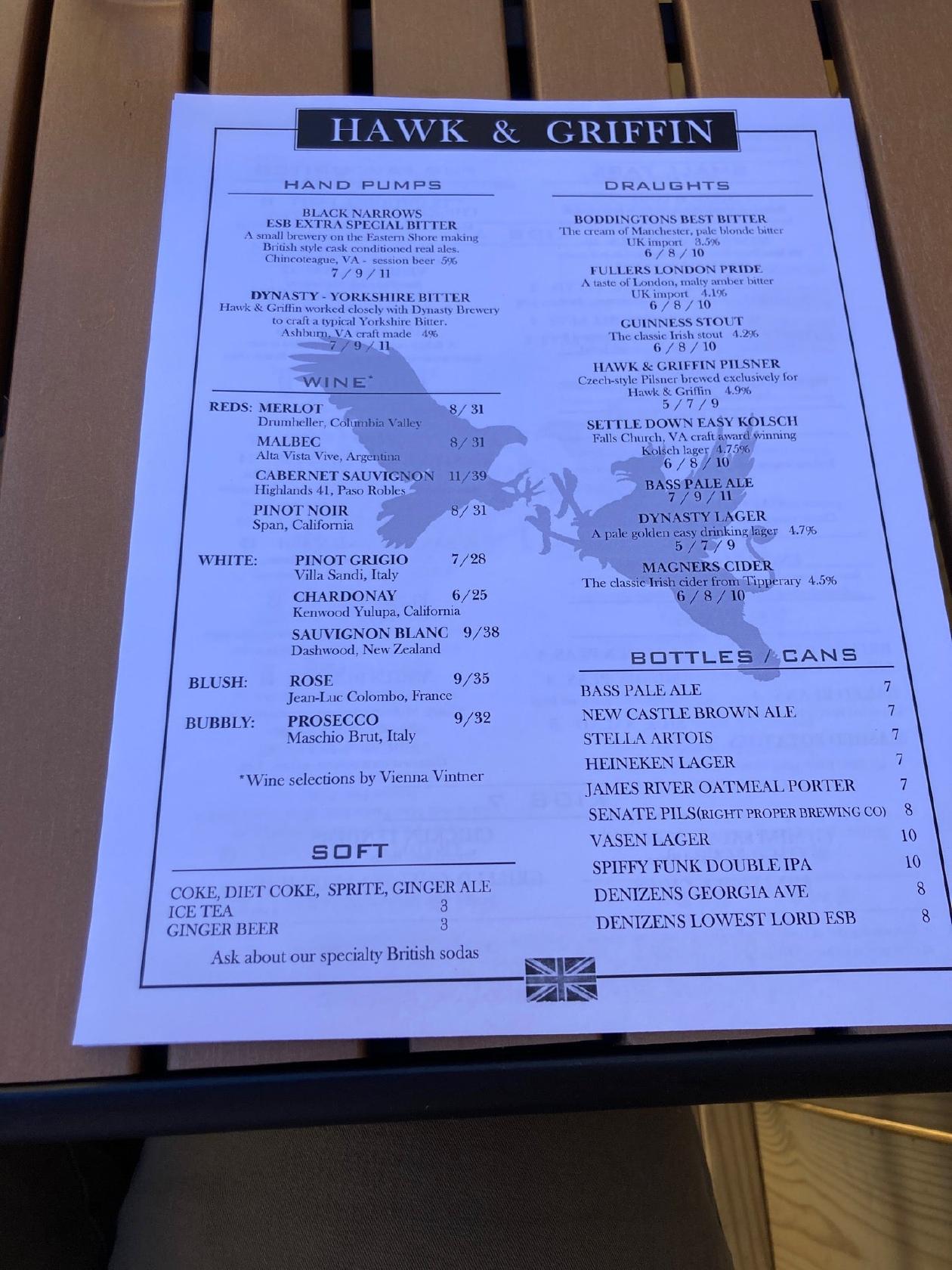 Menu at Hawk & Griffin pub & bar, Vienna