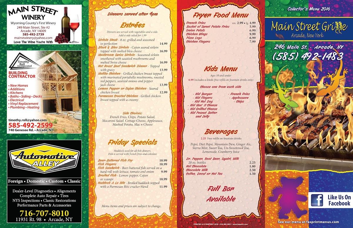 Menu at Main Street Grille restaurant, Arcade