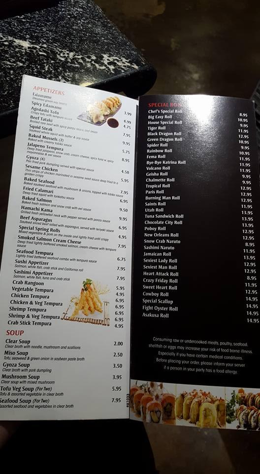 Menu at ASAKUSA LLC restaurant, Chalmette