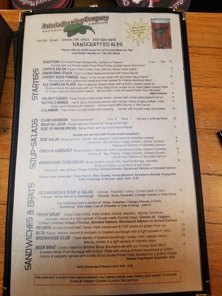 Menu at Astoria Brewing Company Taproom pub & bar, Astoria
