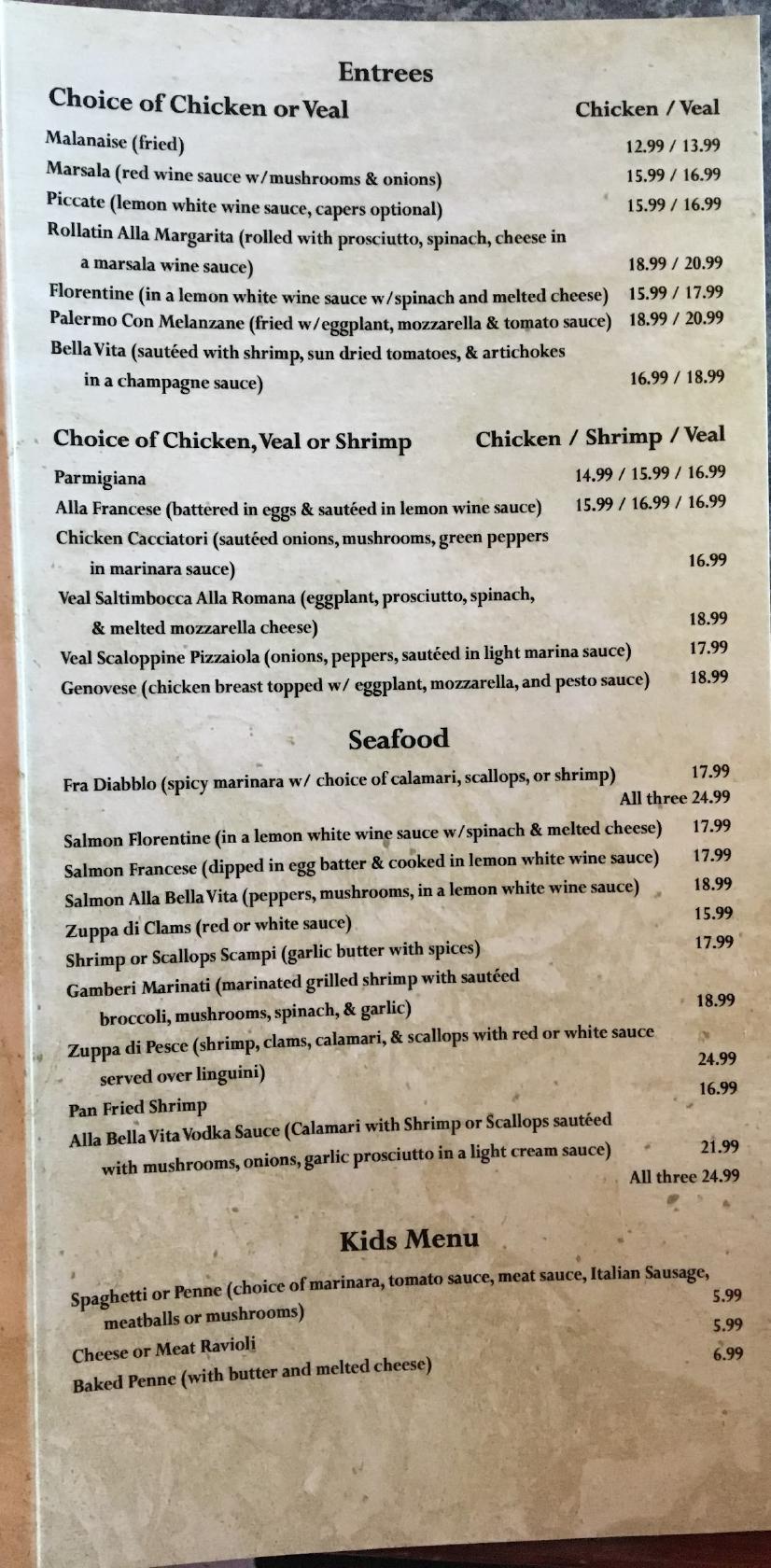 Menu at Bella Vita pub & bar, Johnson City