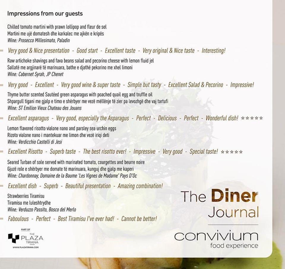 Carta del restaurante Convivium, Tirana