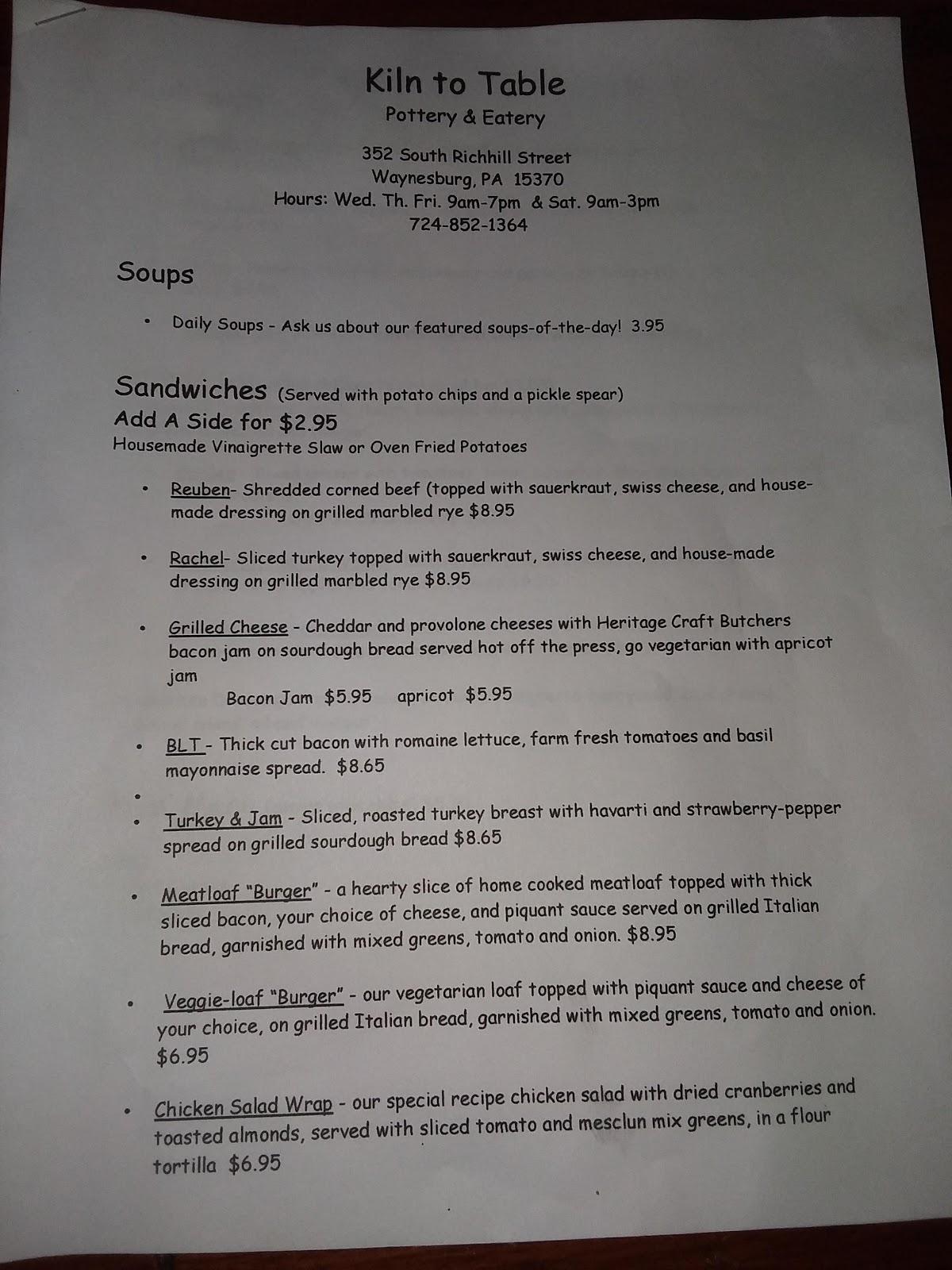 Menu at Kiln to Table cafe, Waynesburg