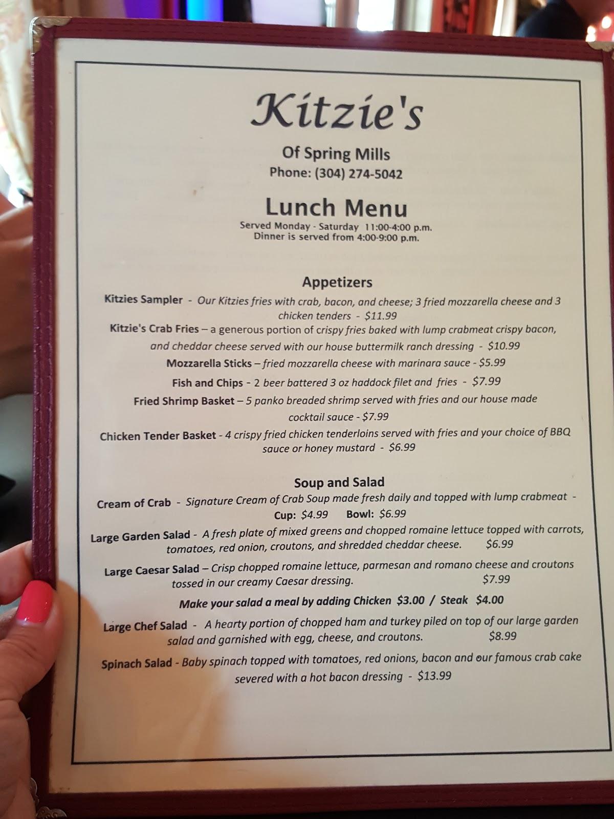Menu at Kitzie's of Spring Mills restaurant, Falling Waters ...