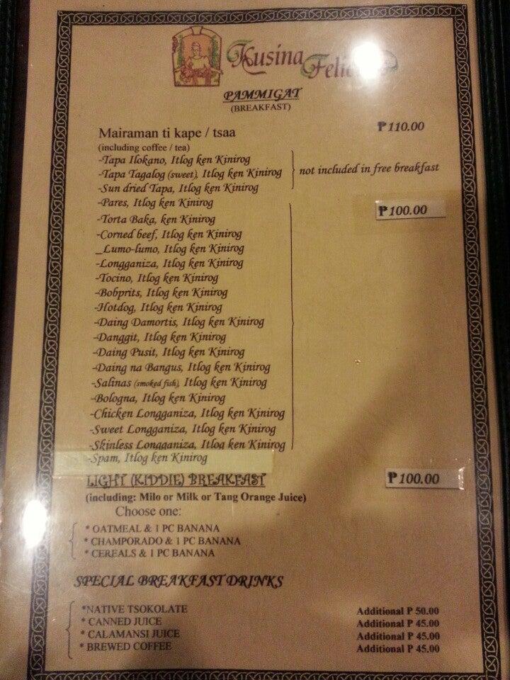 Menu at Kusina Felicitas restaurant, Vigan City