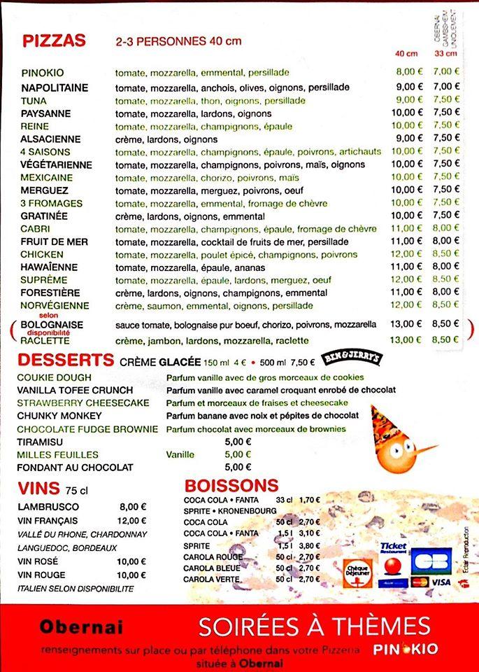 Menu at La Pizza Pinokio restaurant, Obernai