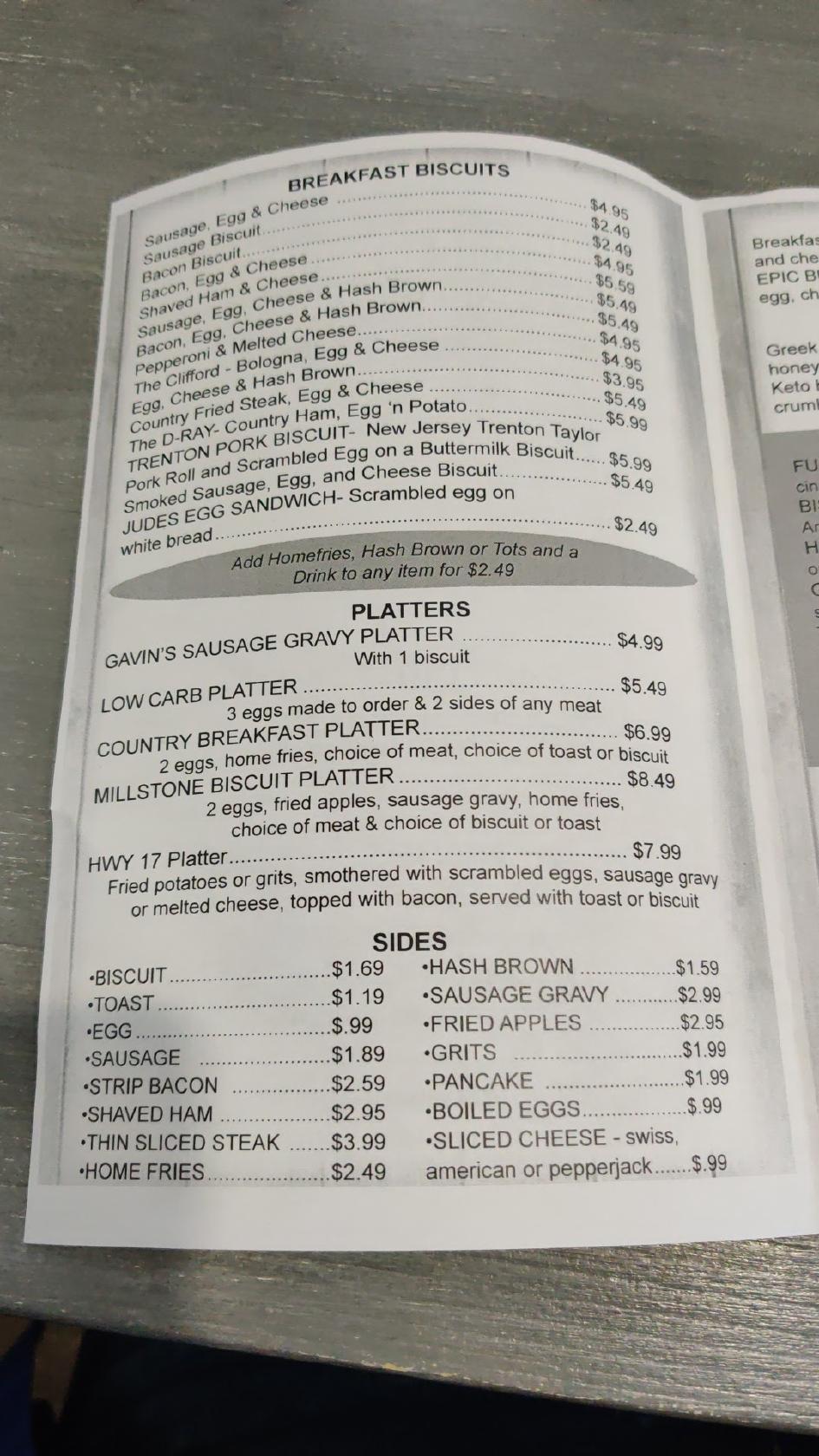 Menu at Millstone Biscuit Co restaurant, Murrells Inlet