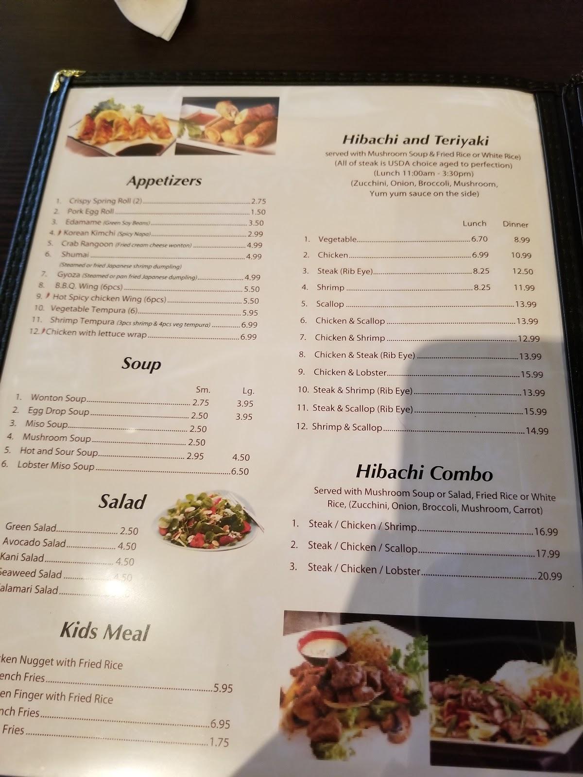 Menu at Pekin Tokyo restaurant, Allen Park