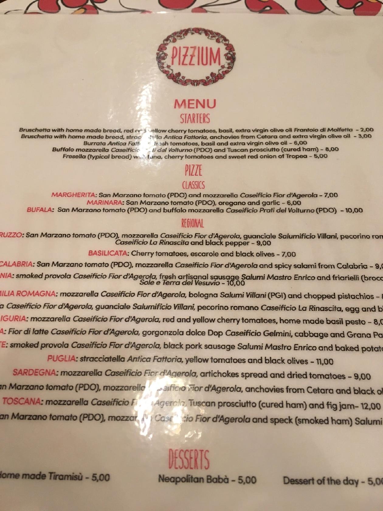 Menu da Pizzium pizzeria, Milano, Via Giulio Cesare Procaccini
