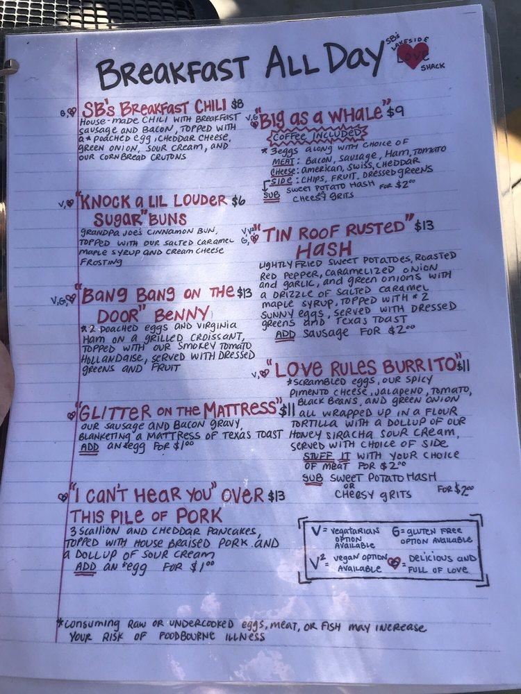 Menu at SB's Lakeside Love Shack restaurant, Richmond