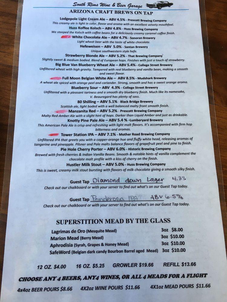 Menu at South Rims Wine & Beer Garage pub & bar, Williams