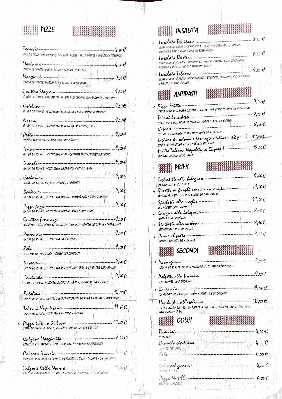 Menu at Taberna Napoletana restaurant, Ciudad Real