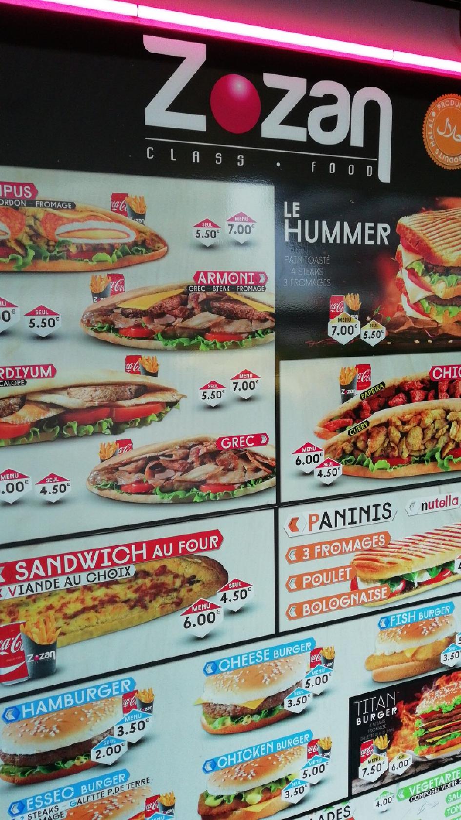 Menu at Zozan fast food, Cergy