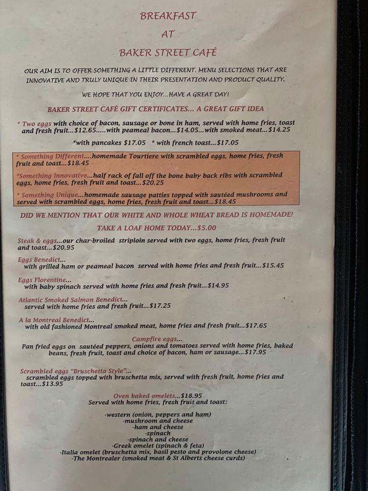 Menu at Baker Street Cafe, Ottawa