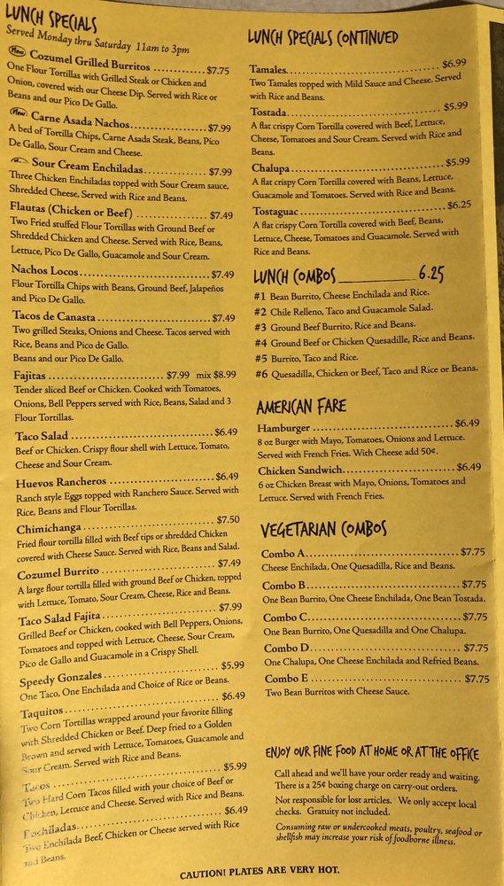 Menu at Cozumel restaurant, Rogersville