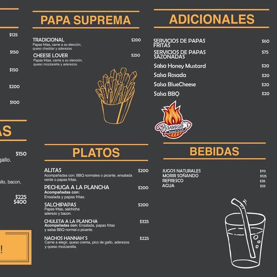 Menu at Hannah's Burger & Grill restaurant, Bonao