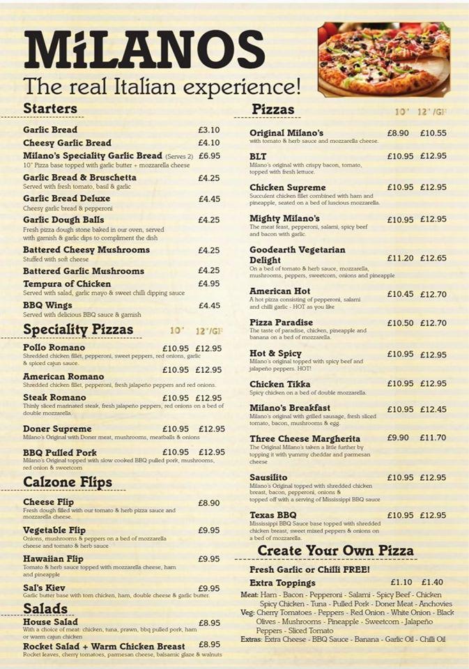 Menu at Milanos Ballymena cafe, Ballymena