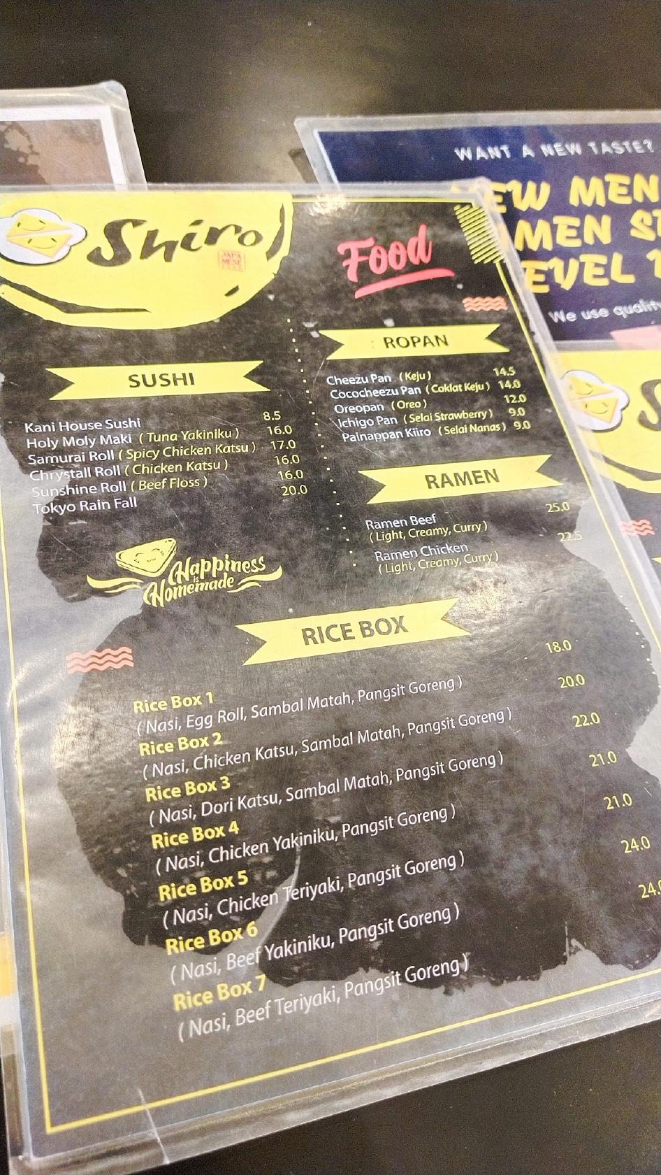Menu at shiro restaurant, Semarang, Jl. Hayam Wuruk