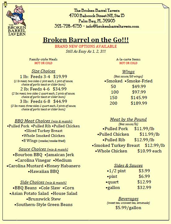 Menu at The Broken Barrel Tavern, Palm Bay