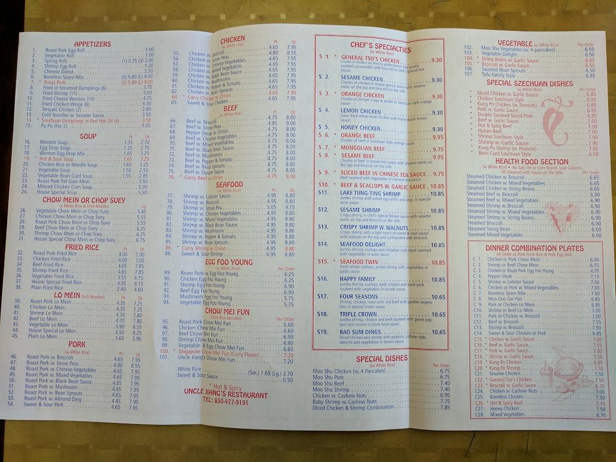 Menu at Uncle Jiang restaurant, Pensacola