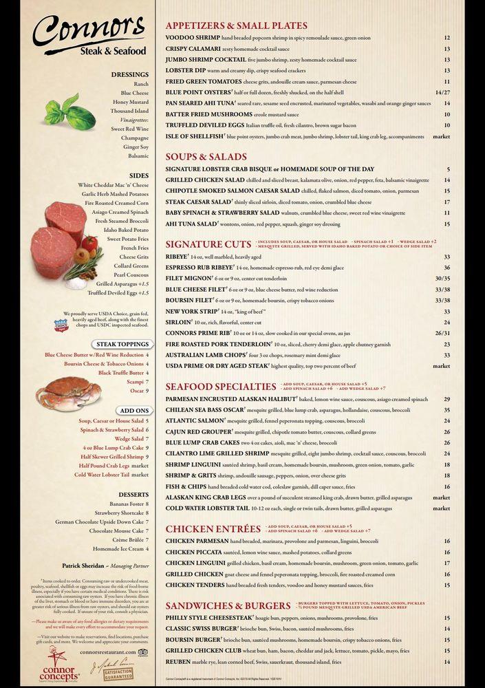 Menu at Connors Steak & Seafood pub & bar, Huntsville