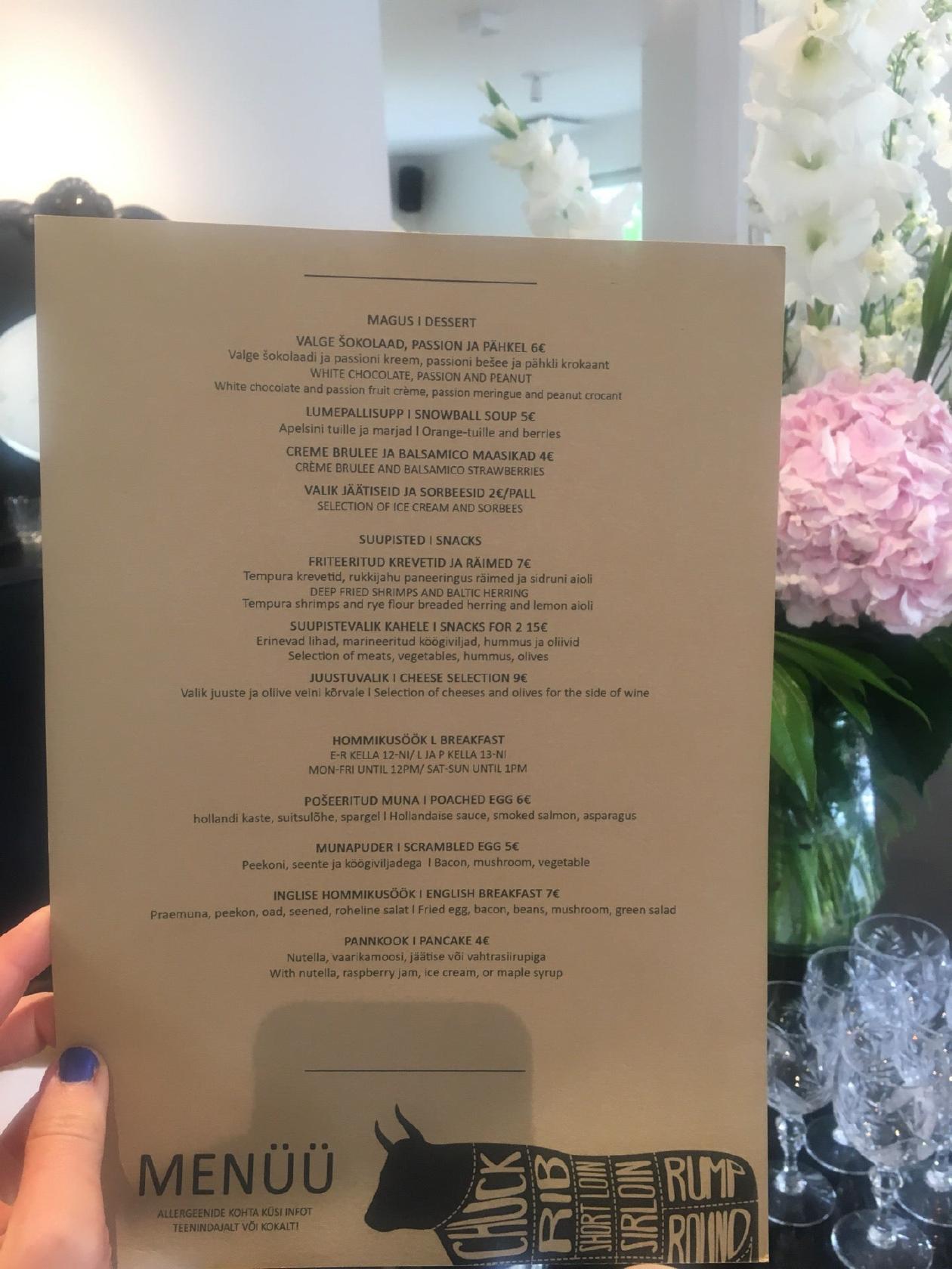 Menu at KIUS restaurant, Tallinn