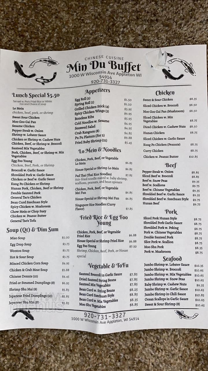 Menu at Min Du Buffet restaurant, Appleton