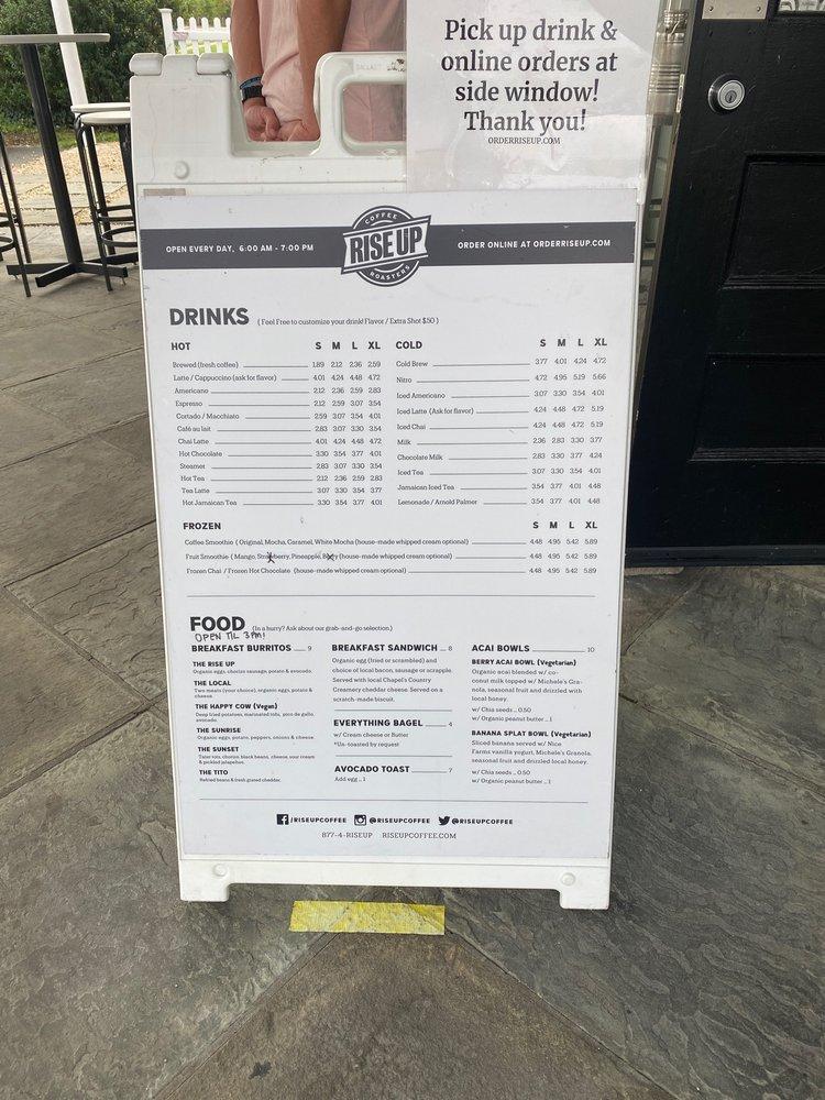 Menu at Rise Up Coffee Roasters cafe, Easton