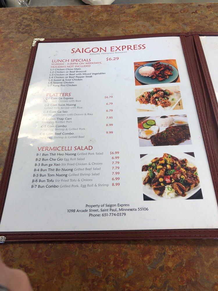 Menu at Saigon Express restaurant, Saint Paul