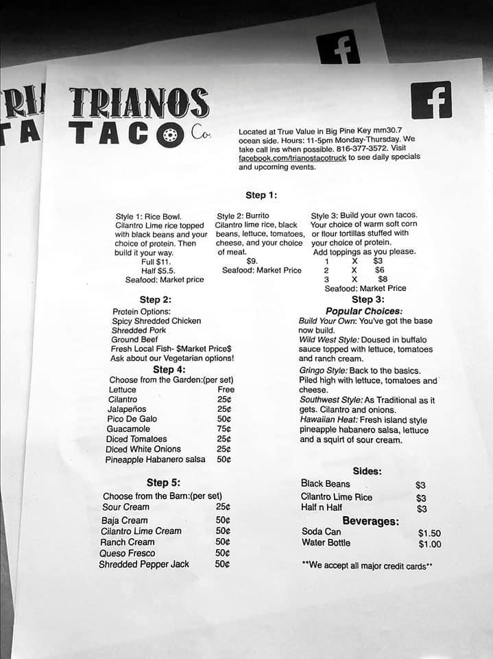 Menu at Trianos Taco Company restaurant, Big Pine Key, Overseas Hwy