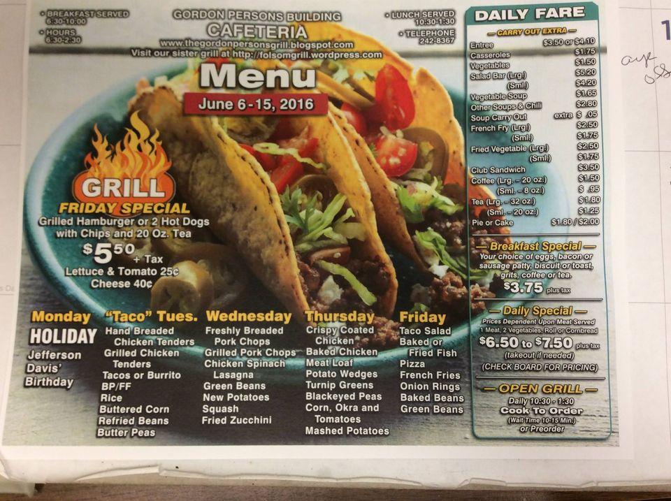 Menu at Gordon Persons Grill cafeteria, Montgomery