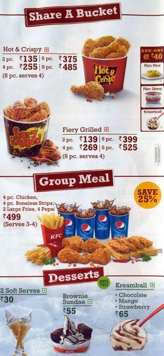 Menu at KFC ABIDS, India
