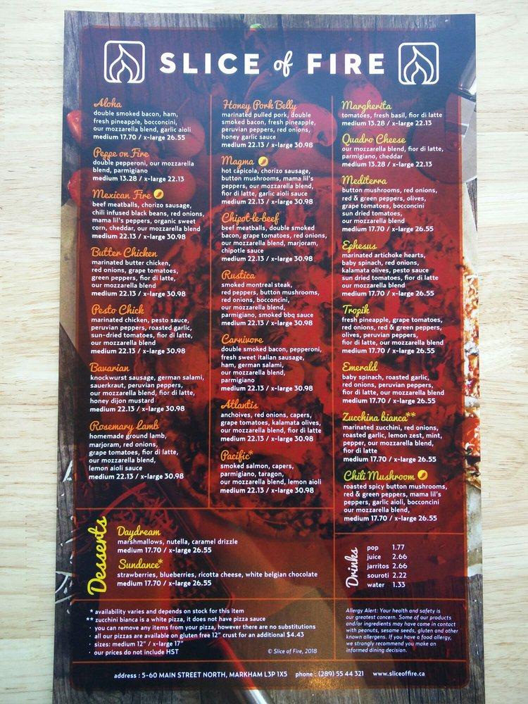 Menu at Slice of Fire Pizza pizzeria, Markham