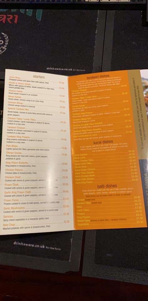 Menu at Chutney restaurant, Sheffield