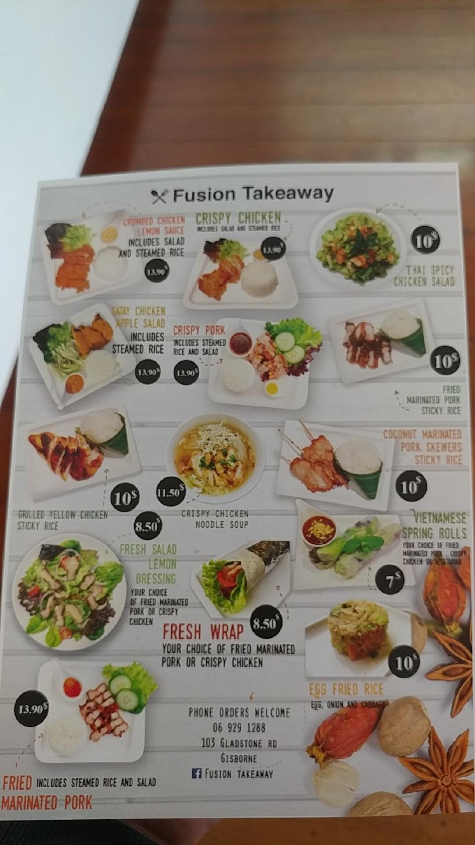 Menu at Fusion Takeaway restaurant, Gisborne